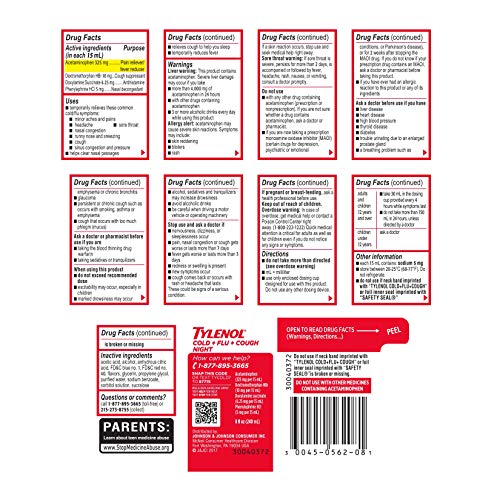 Tylenol Cold + Flu + Cough Night Liquid Medicine with Acetaminophen, Wild Berry, Grabe, 8 Fl Oz