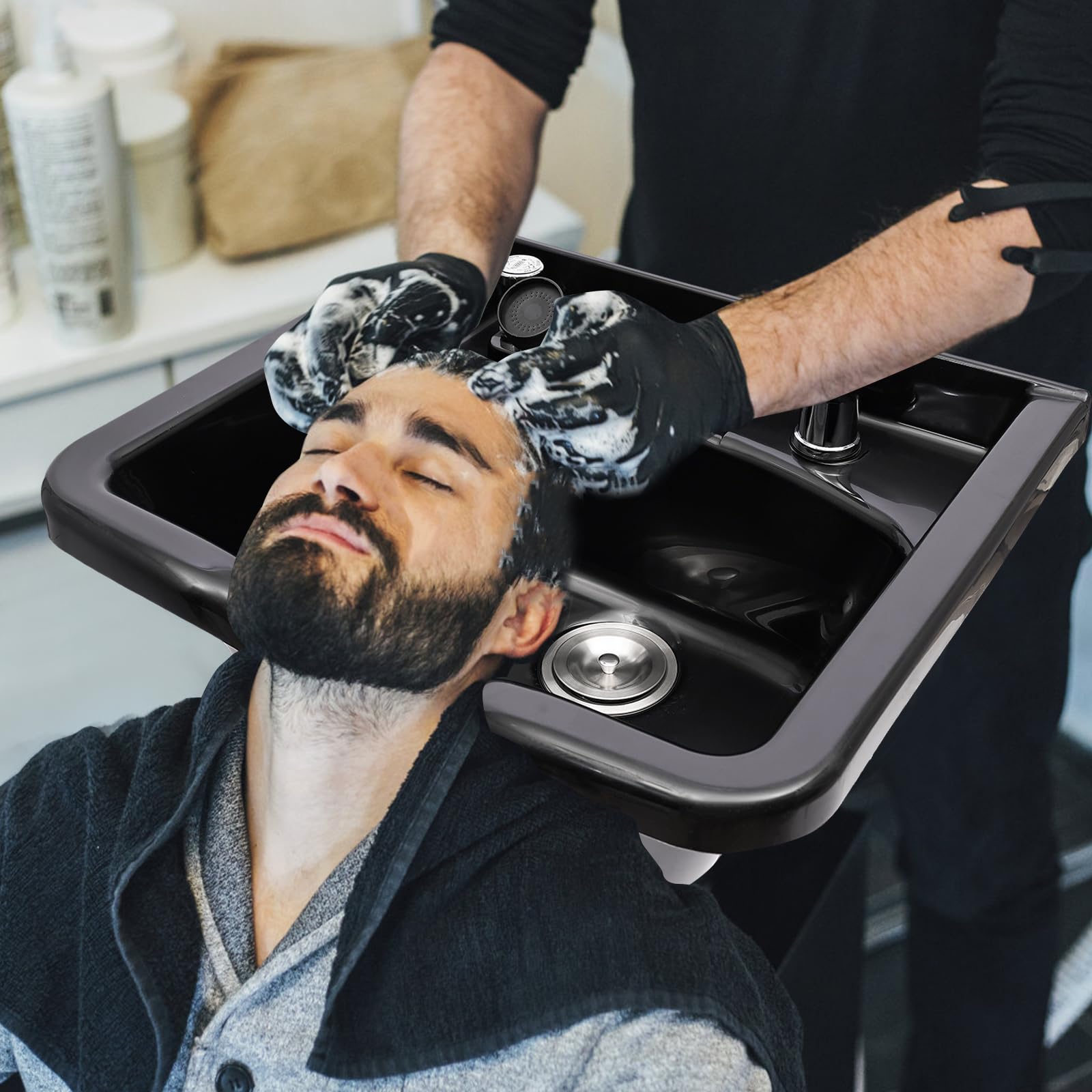 Shampoo Bowl For Salon, Wall Mounted Backwash ABS Salon Spa Barber Equipment With Spray Head, Professional Salon Spa Beauty Brushed Sink 9.84" in Depth, Portable Shampoo Bowl for Hair Stylists