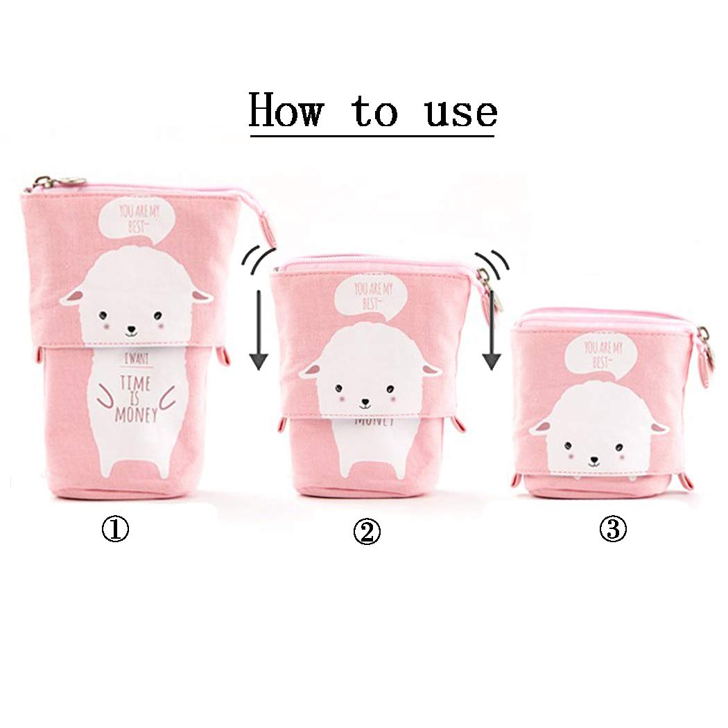 iSuperb Cartoon Telescopic Stand Up Pencil Case Pen Bag Cute Animal Office Student Stationery Bag Cosmetic Organizer Pouch (White Sheep)