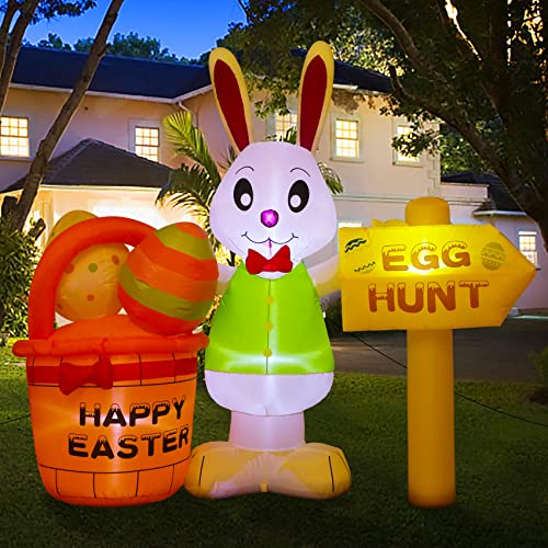 6FT Easter Inflatable Outdoor Decorations Easter Inflatable Bunny and Eggs Basket with Led Lights Blow Up Yard Decorations for Holiday Party (Easter Bunny)