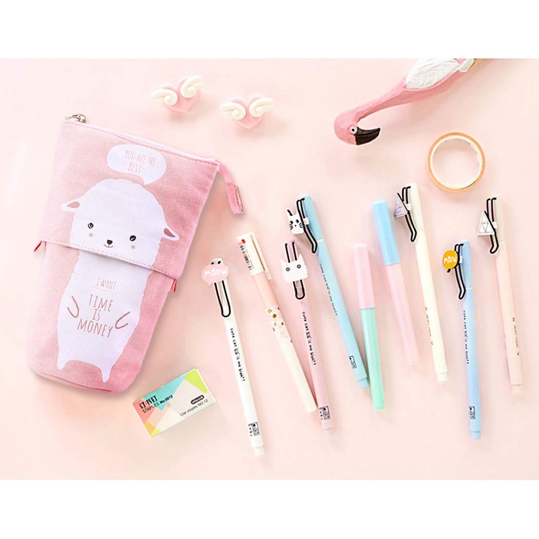 iSuperb Cartoon Telescopic Stand Up Pencil Case Pen Bag Cute Animal Office Student Stationery Bag Cosmetic Organizer Pouch (White Sheep)