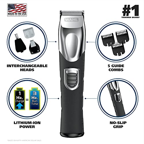 Wahl USA Rechargeable Lithium Ion All in One Beard Trimmer for Men with Detail and Ear & Nose Hair Trimmer Attachment β Model 9854-600B