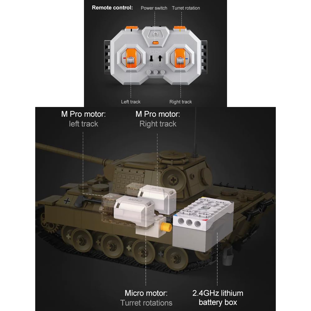 dOMOb Panther WWII German Tank Building Kit – 2.4G Remote Control Battle Army Build Set – 1:35 RC Model – CADA Bricks Toys for 14+ Kids & Adults – 907 Building Blocks – for Boys, Hobbyist, Collector