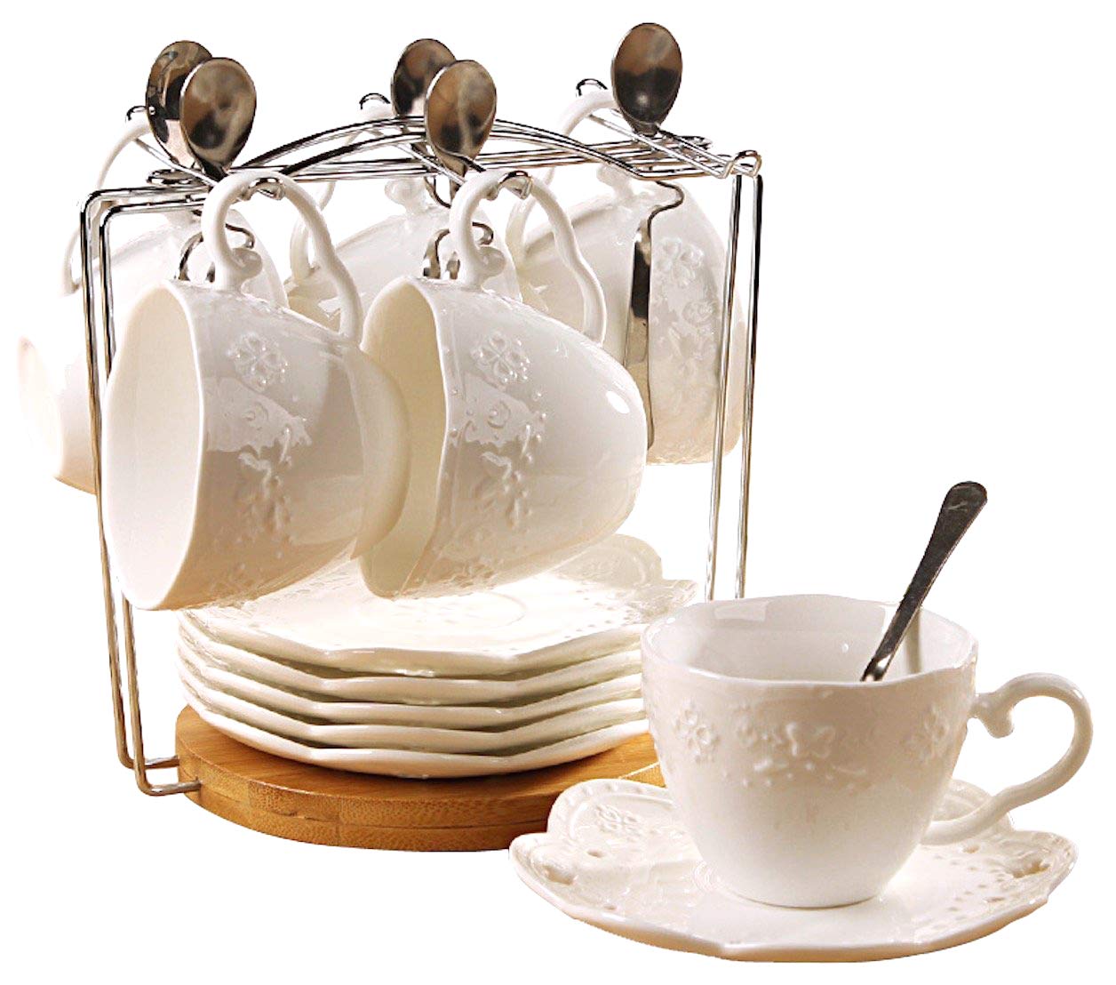 Jusalpha Teacup-Coffee Mug Holder with Bamboo Stand for Saucer, Teacup Display Stand, Capacity 6