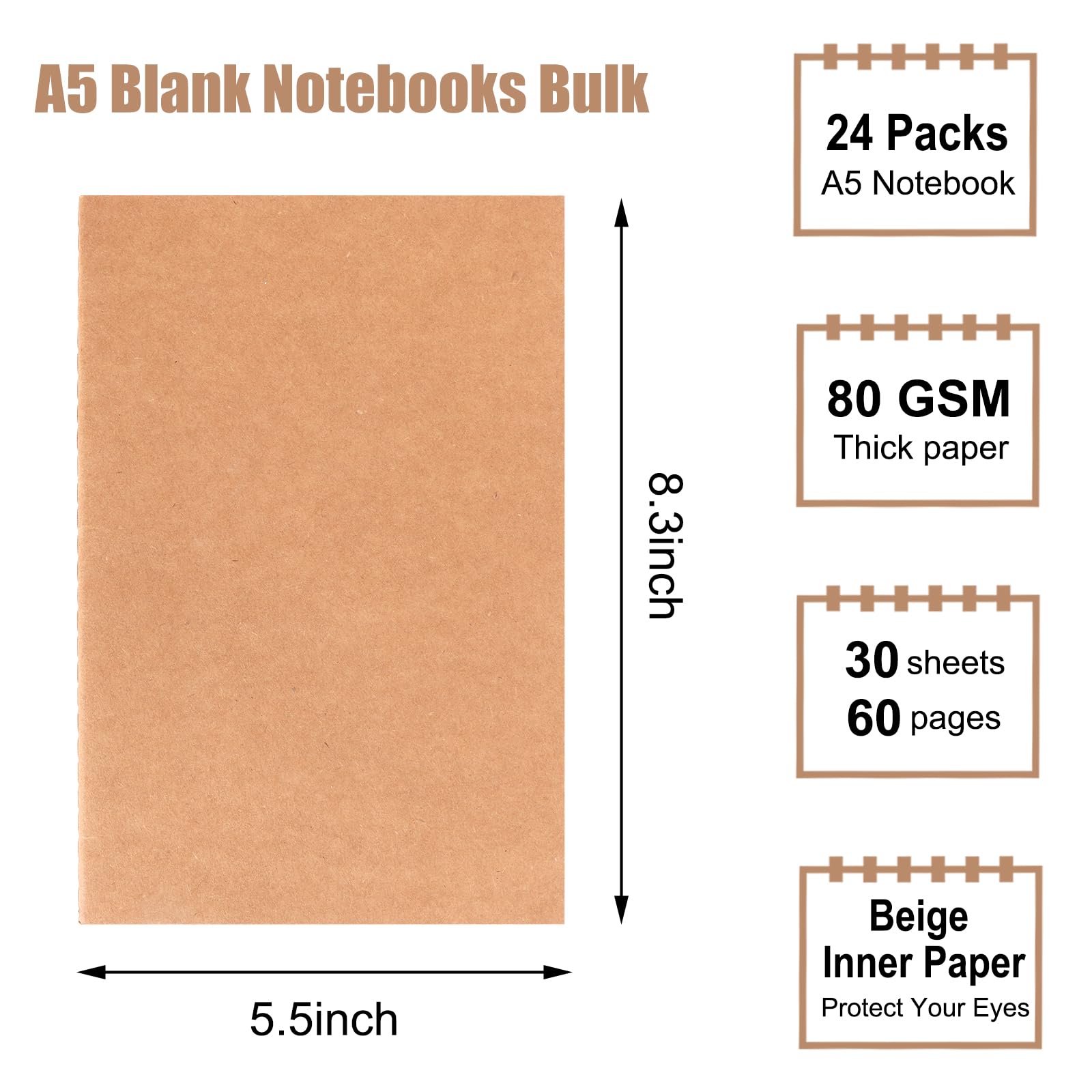 EOOUT 24 Pack Kraft Notebooks, Journals in Bulk, Blank Paper Sketchbooks, 60 Pages, 30 Sheets, 80GSM, 8.3x5.5 Inch, A5 Size, Travel Journal Set, for Gifts, Students and Office Supplies
