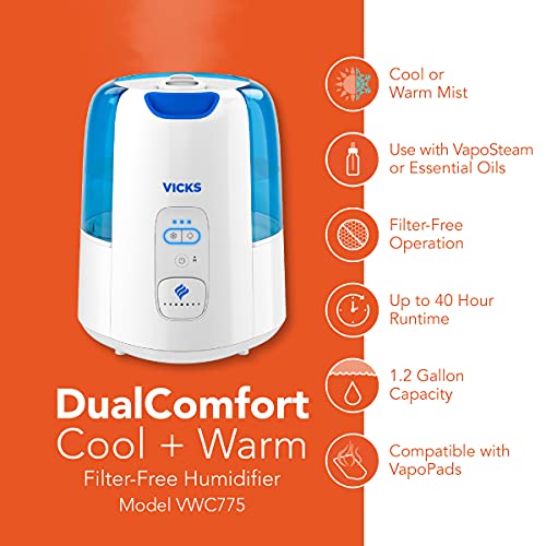 Vicks Dual Comfort – Cool + Warm Mist Humidifier (VWC775) – Warm and Cool Mist Humidifier with Fusion Mist Technology and Heated Medicine Cup, for Year-Round Use in Large Rooms