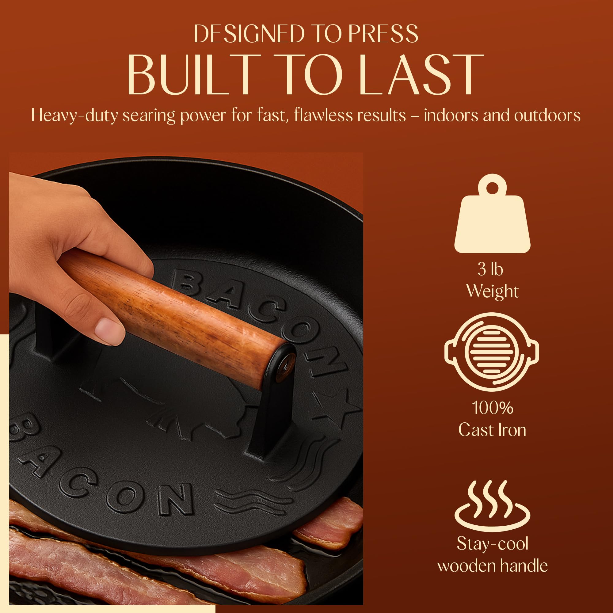 Bellemain Cast Iron Grill Press, Heavy-duty bacon press with Wood Handle, 8.5-Inch Round