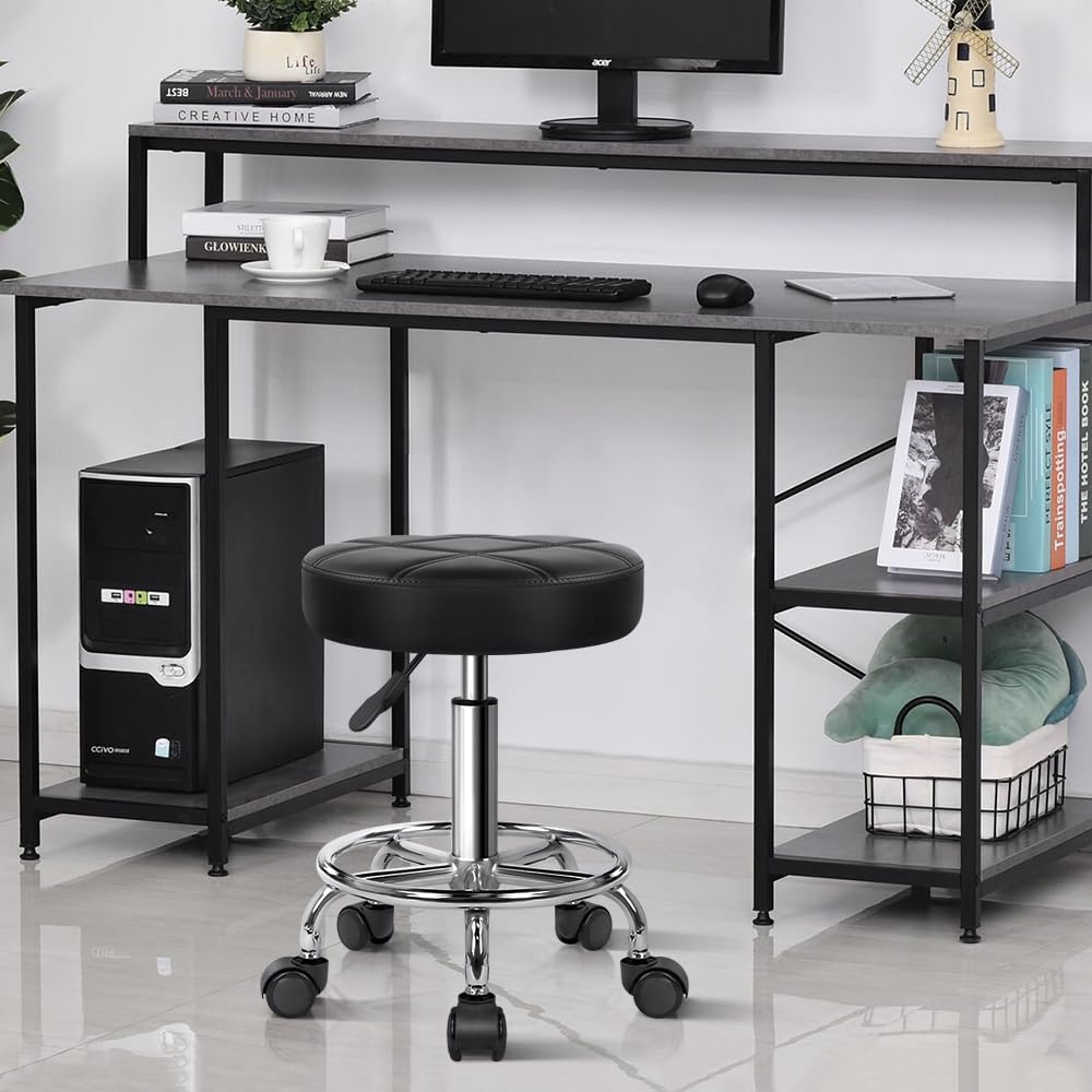 KKTONER Round Rolling Stool Chair PU Leather Height Adjustable Swivel Drafting Work SPA Shop Salon Stools with Wheels Office Chair Small (Black)