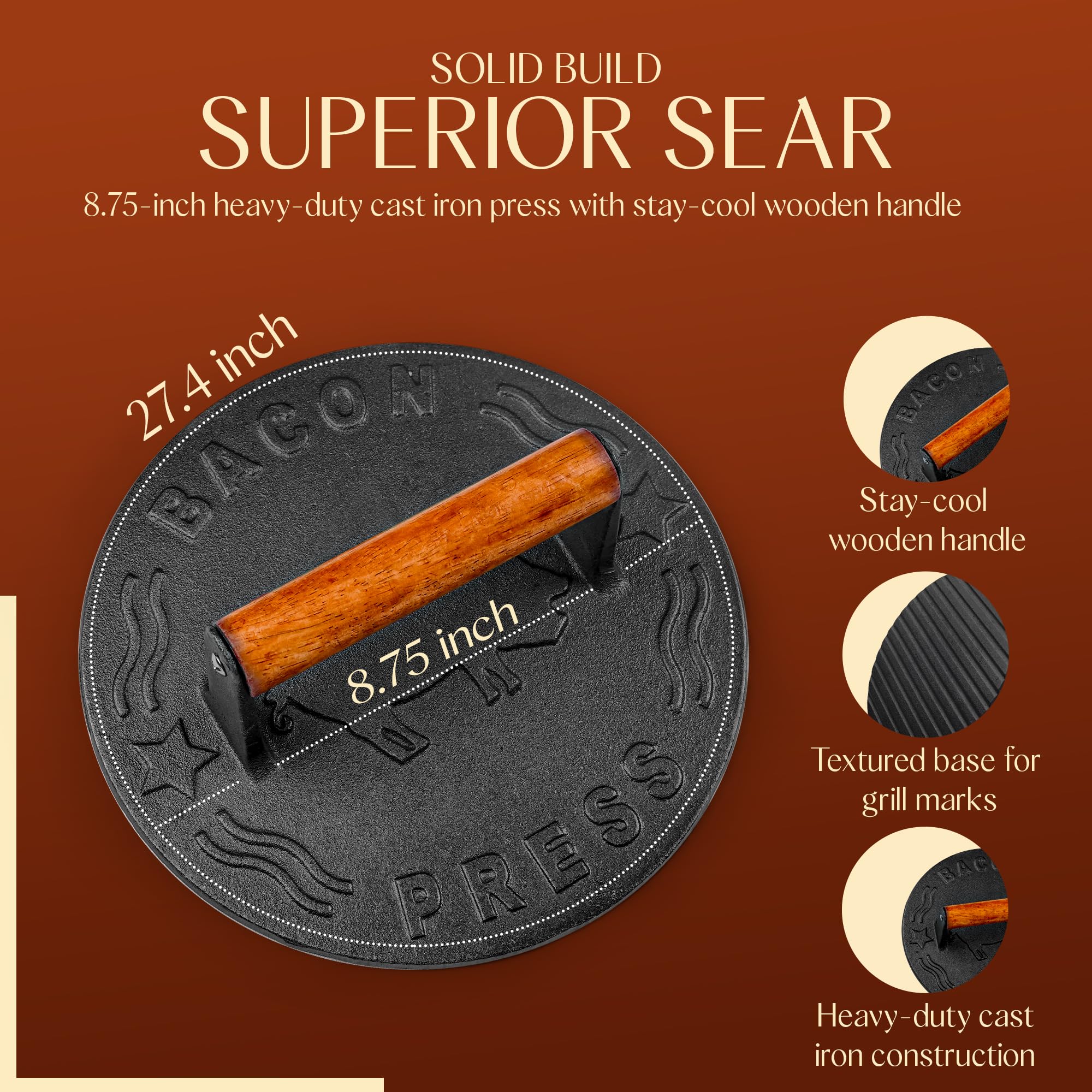 Bellemain Cast Iron Grill Press, Heavy-duty bacon press with Wood Handle, 8.5-Inch Round