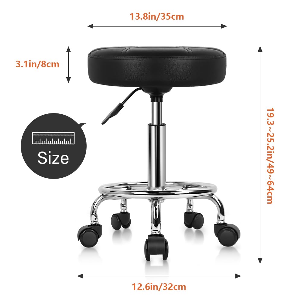 KKTONER Round Rolling Stool Chair PU Leather Height Adjustable Swivel Drafting Work SPA Shop Salon Stools with Wheels Office Chair Small (Black)