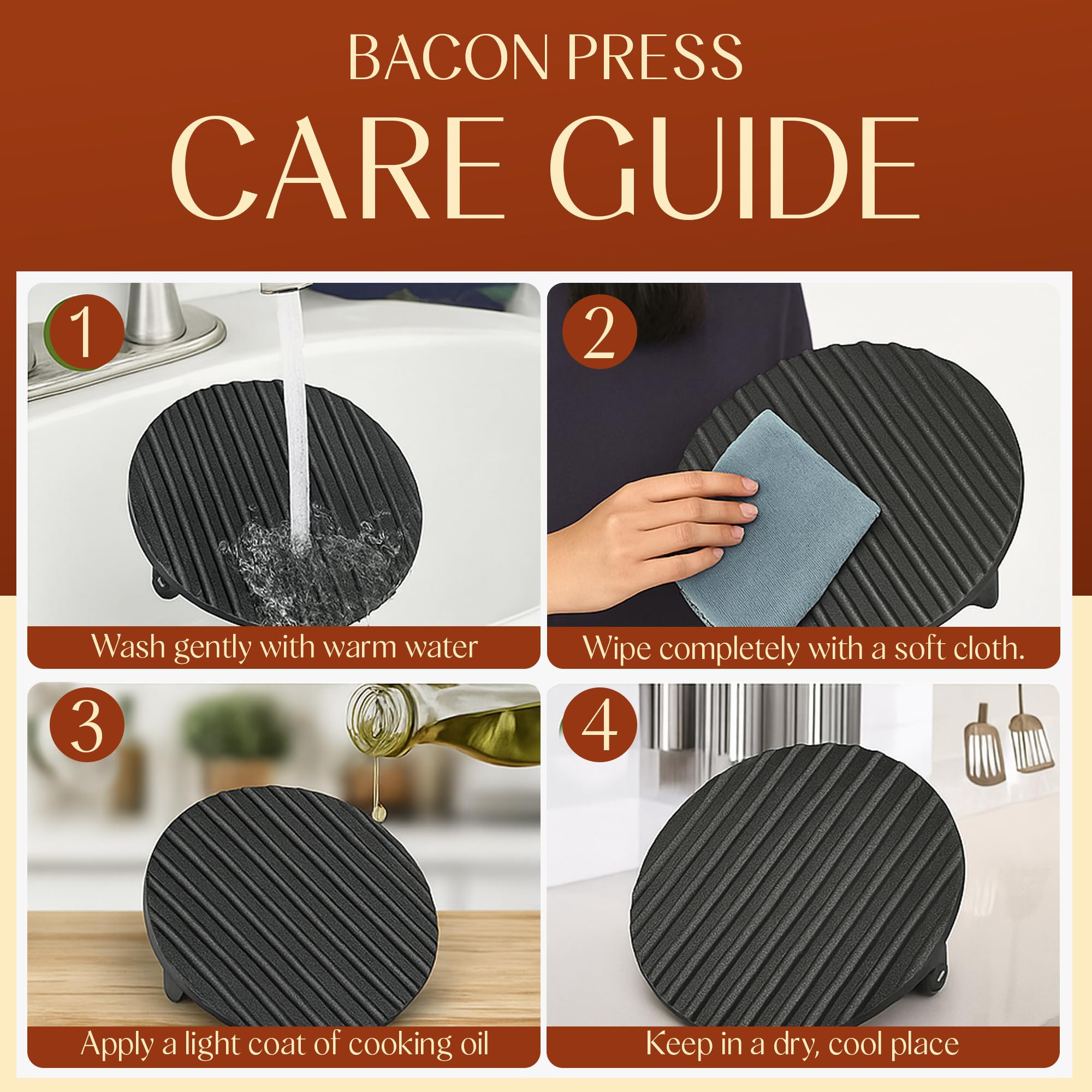 Bellemain Cast Iron Grill Press, Heavy-duty bacon press with Wood Handle, 8.5-Inch Round