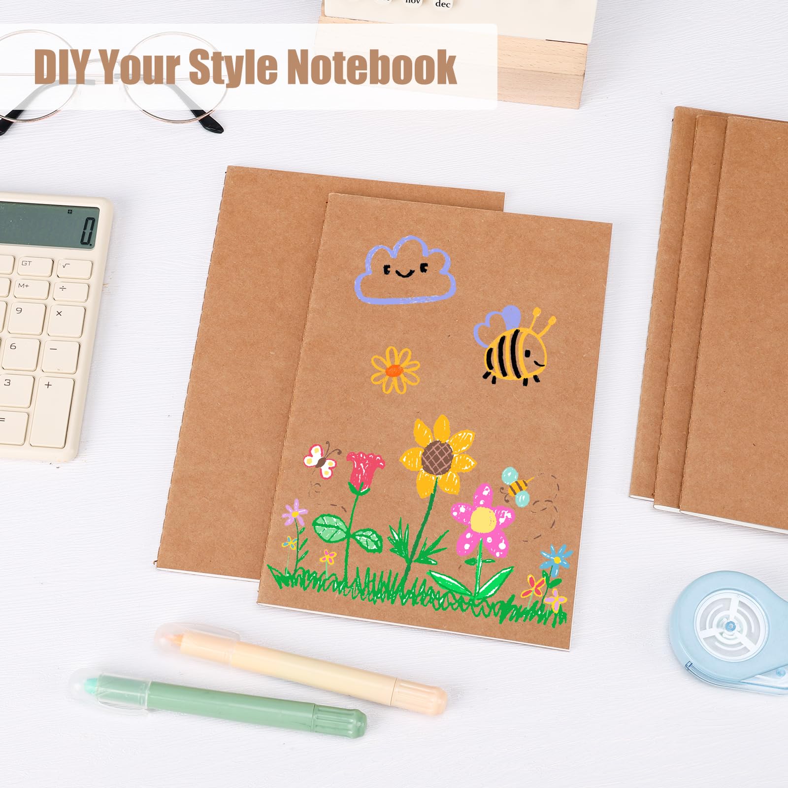 EOOUT 24 Pack Kraft Notebooks, Journals in Bulk, Blank Paper Sketchbooks, 60 Pages, 30 Sheets, 80GSM, 8.3x5.5 Inch, A5 Size, Travel Journal Set, for Gifts, Students and Office Supplies