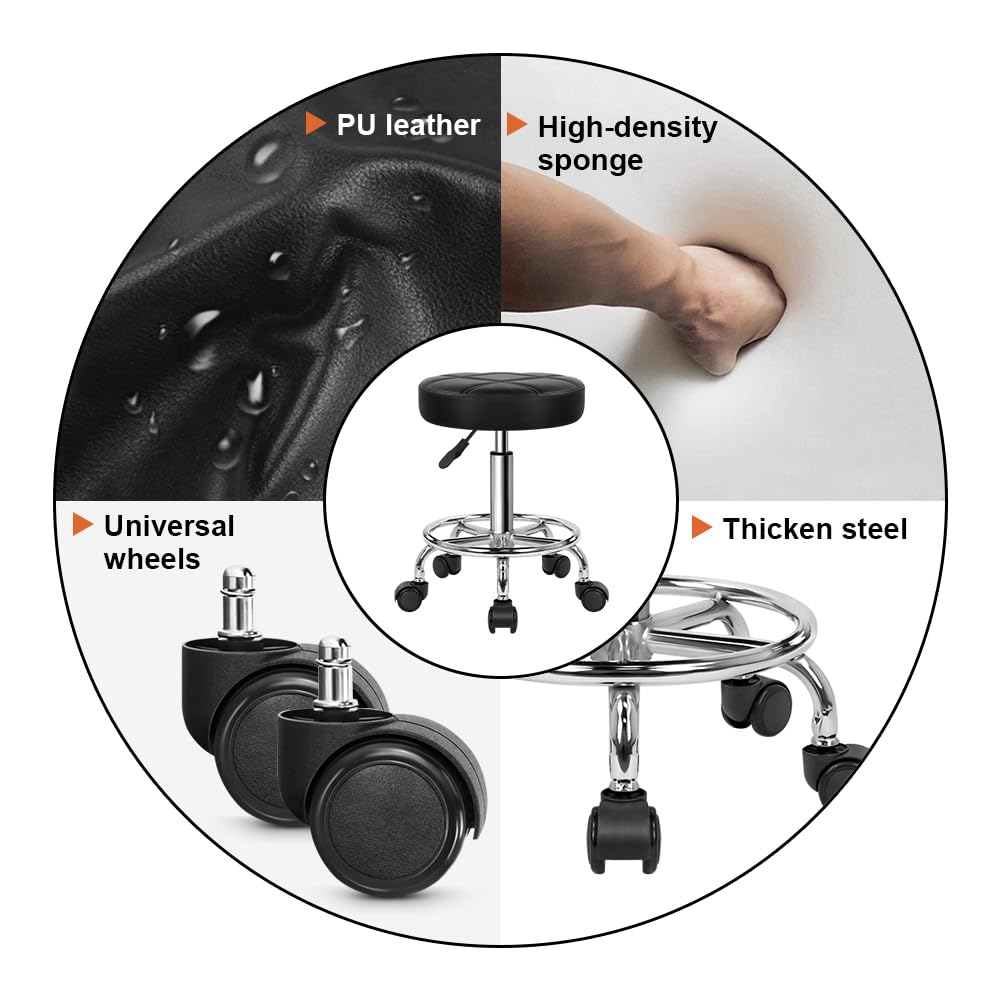 KKTONER Round Rolling Stool Chair PU Leather Height Adjustable Swivel Drafting Work SPA Shop Salon Stools with Wheels Office Chair Small (Black)