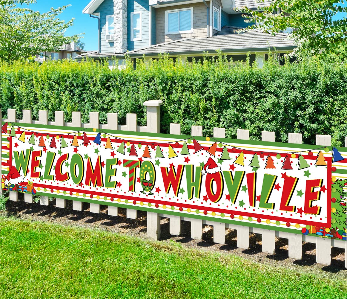 Large Whoville Christmas Decorations Banner Welcome To Whoville Yard Sign Hanging Banner Outdoor Christmas Decorations Grinch Backdrop Home Decor Indoor Christmas Eve Vacation Holiday Party Supplies
