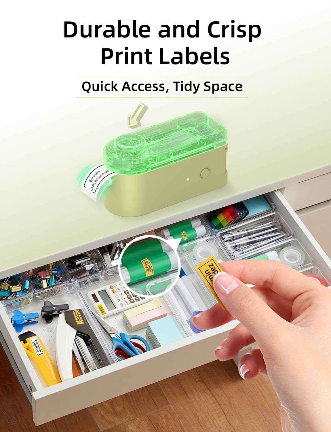 Makeid Label Maker Machine with Tape - Portable & Rechargeable Label Makers with Built-in Cutter.63" Waterproof Tape - Wireless Label Printer Compatible with Android & iOS Devices - Green