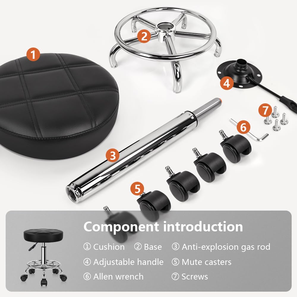 KKTONER Round Rolling Stool Chair PU Leather Height Adjustable Swivel Drafting Work SPA Shop Salon Stools with Wheels Office Chair Small (Black)