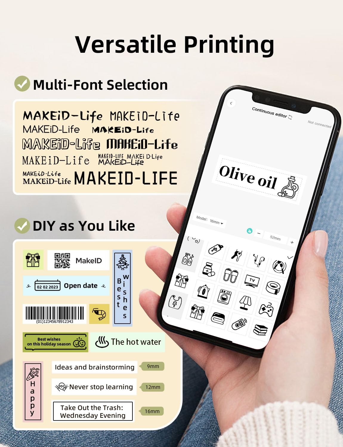 Makeid Label Maker Machine with Tape - Portable & Rechargeable Label Makers with Built-in Cutter.63" Waterproof Tape - Wireless Label Printer Compatible with Android & iOS Devices - Green