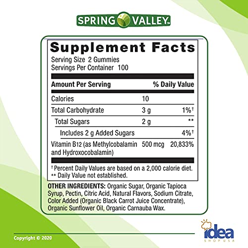 Vitamin B12 Organic Vegetarian Gummies, Metabolism Support with Methylcobalamin by Spring Valley, 500 mcg, 200 Ct (2 Pack) + “Vitamins & Minerals - A to Z - Better Idea Guide©”