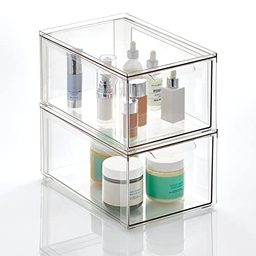 mDesign Plastic Stackable Bathroom Storage Organizer Bin with Pull Out Drawer for Cabinet, Vanity, Shelf, Cupboard, Cabinet, or Closet Organization - Lumiere Collection - 2 Pack - Clear