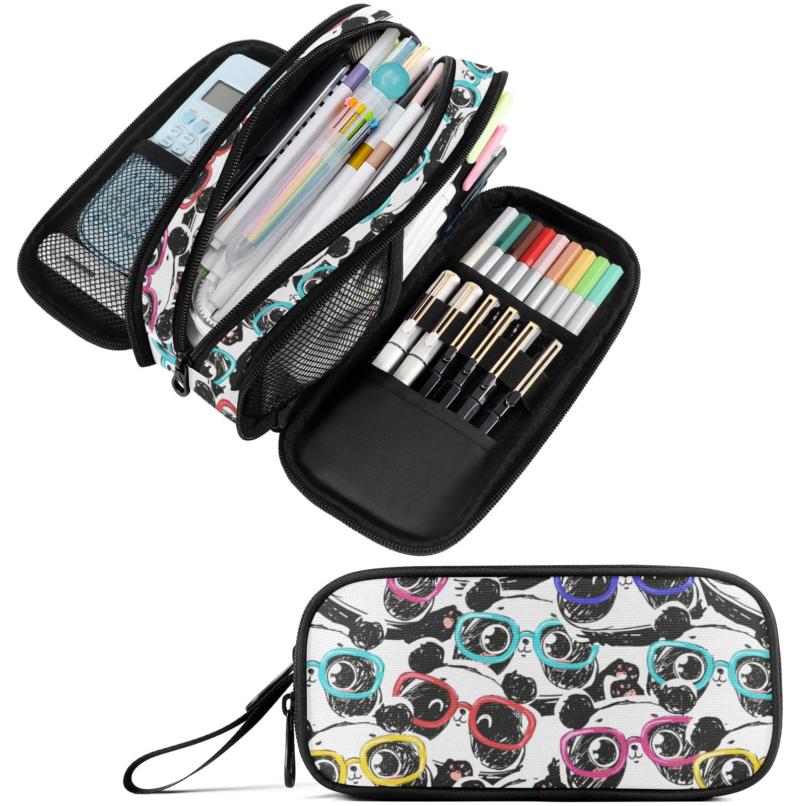 Fustylead Panda Wear Glasses Big Capacity Pencil Pen Case, Multi-Purpose Makeup Bag Organizer Storage Pouch for Office College School Hiking Travel