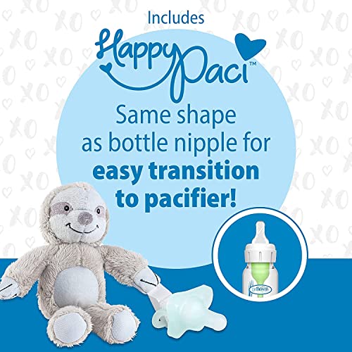 Dr. Brown’s Wide-Neck Baby Bottles 5 oz/150 mL, 4 Pack, with HappyPaci Pacifiers, Lovey Pacifier Holder, and Flexess Teether, Sloth