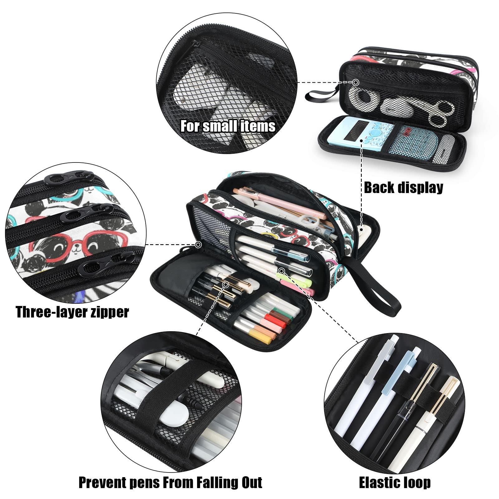 Fustylead Panda Wear Glasses Big Capacity Pencil Pen Case, Multi-Purpose Makeup Bag Organizer Storage Pouch for Office College School Hiking Travel