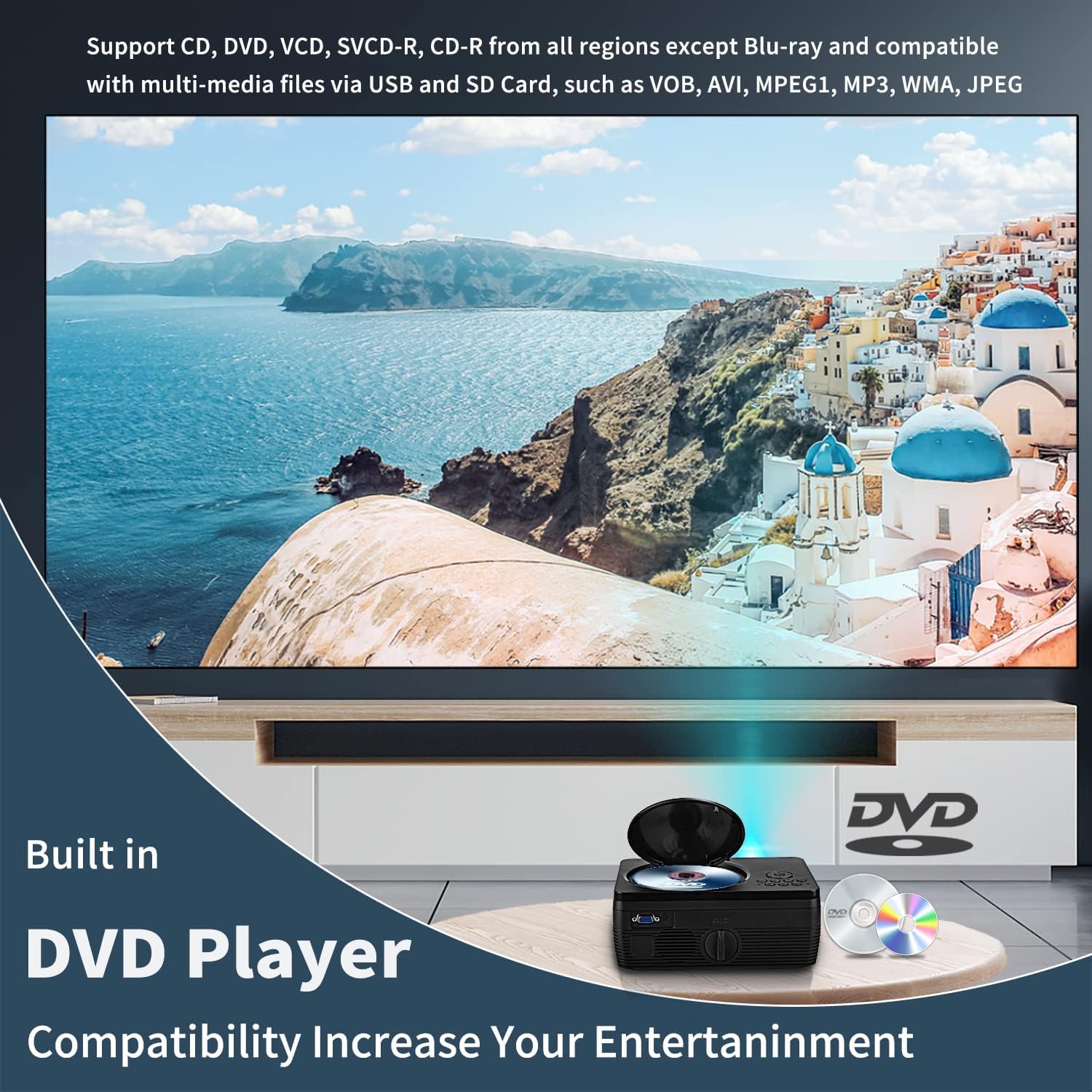 Movie Projector, Bluetooth Outdoor Projector Full HD 1080P 200" Display 9500 Lumen Brightness Compatible with TV Stick, Video Games, Phone, VGA, AV, TF, USB, HD