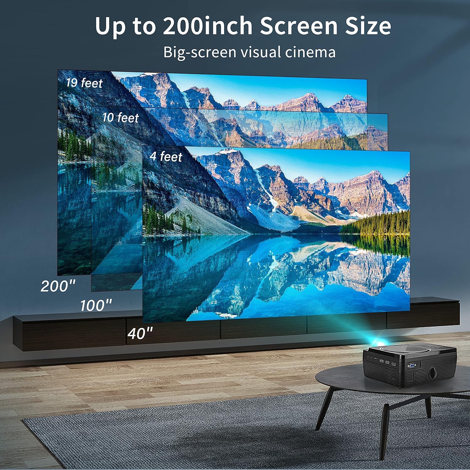 Movie Projector, Bluetooth Outdoor Projector Full HD 1080P 200" Display 9500 Lumen Brightness Compatible with TV Stick, Video Games, Phone, VGA, AV, TF, USB, HD