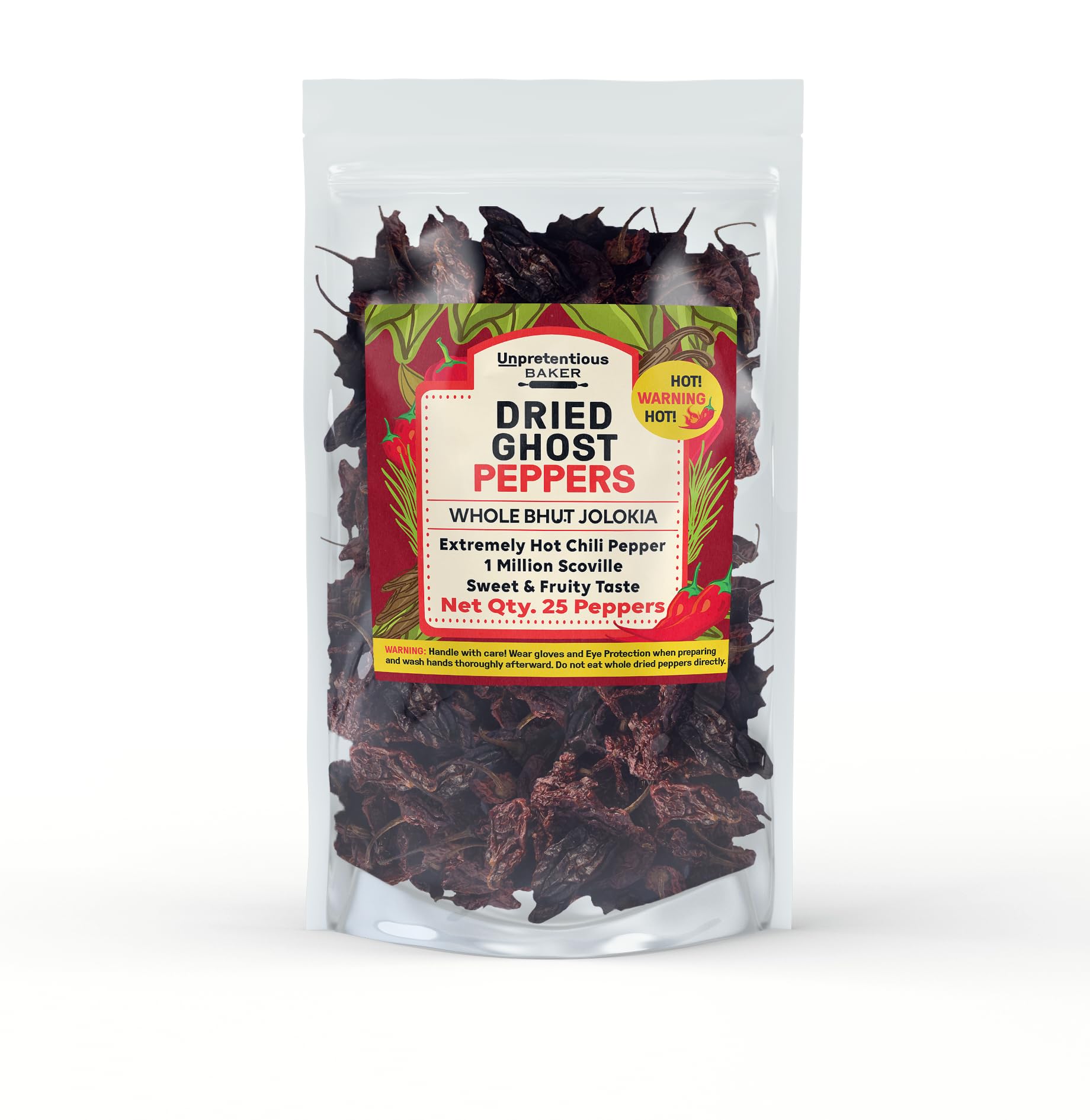 Unpretentious Dried Ghost Peppers, 25 count, Extremely Hot Bhut Jolokia Chile Peppers