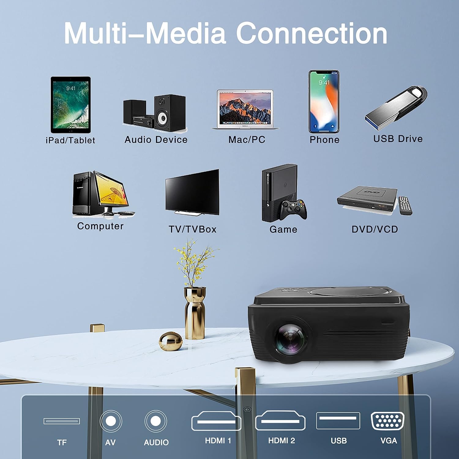 Movie Projector, Bluetooth Outdoor Projector Full HD 1080P 200" Display 9500 Lumen Brightness Compatible with TV Stick, Video Games, Phone, VGA, AV, TF, USB, HD