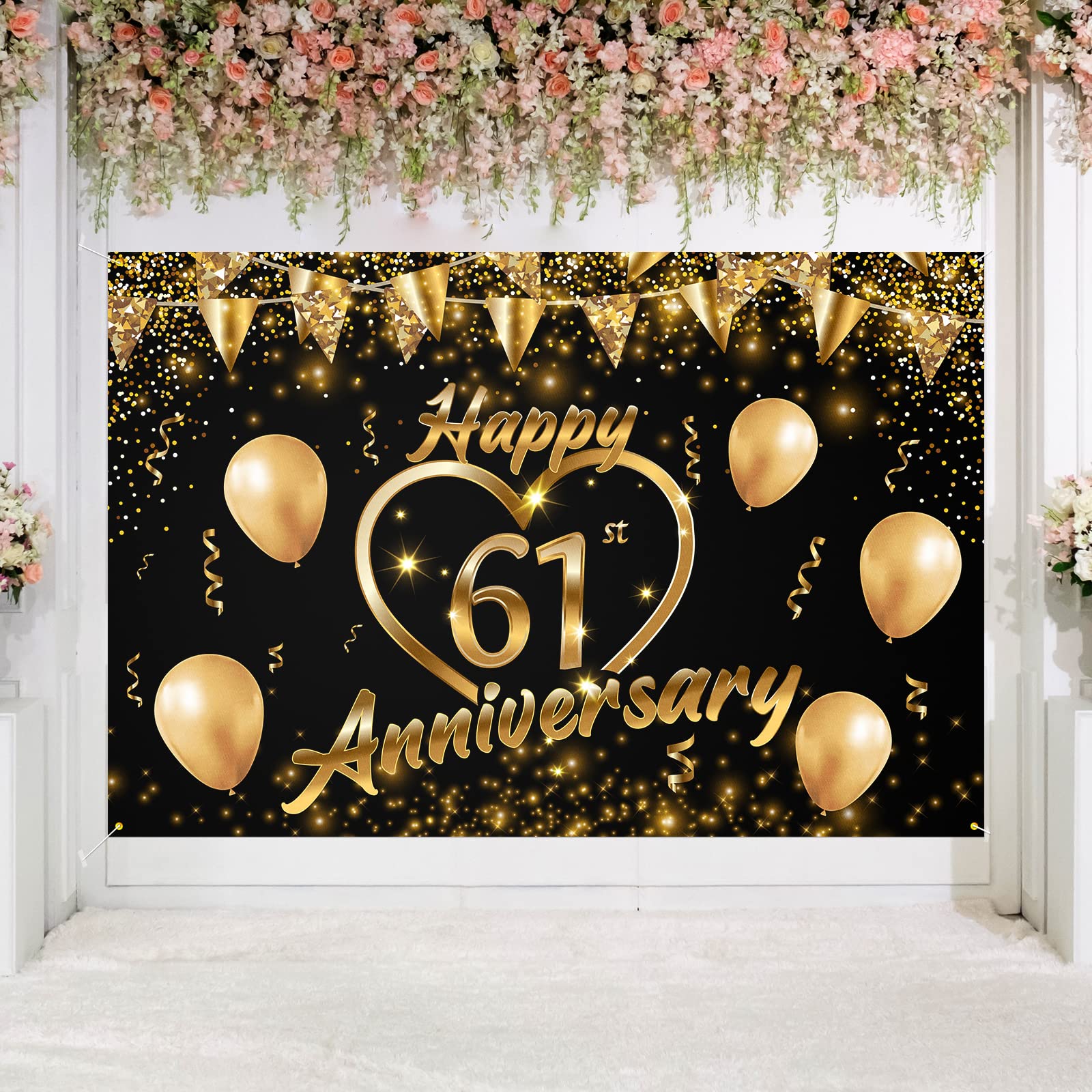 Happy 61st Anniversary Backdrop Banner Decor Black Gold – Glitter Love Heart Happy 61 Years Wedding Anniversary Party Theme Decorations for Women Men Supplies, 3.9 x 5.9 ft