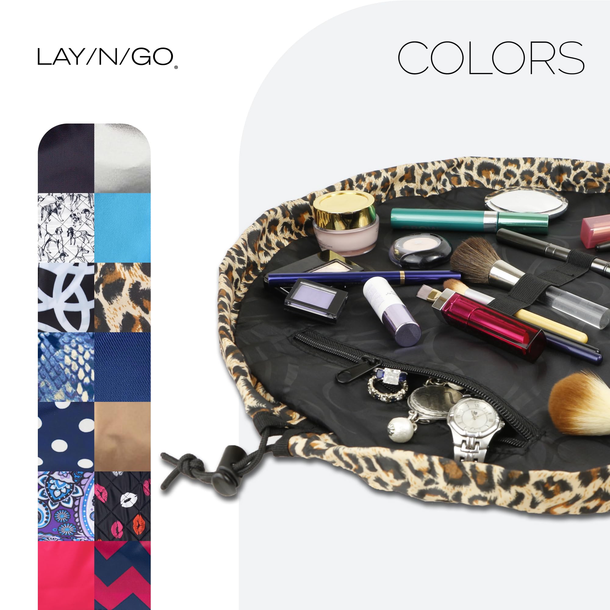 Lay-n-Go Cosmo Drawstring Cosmetic & Makeup Bag Organizer - Portable Drawstring Makeup Bag w/Zipper Pocket, Makeup Loops & More - Durable, Machine Washable Makeup Bag for Travel (20”, Leopard)