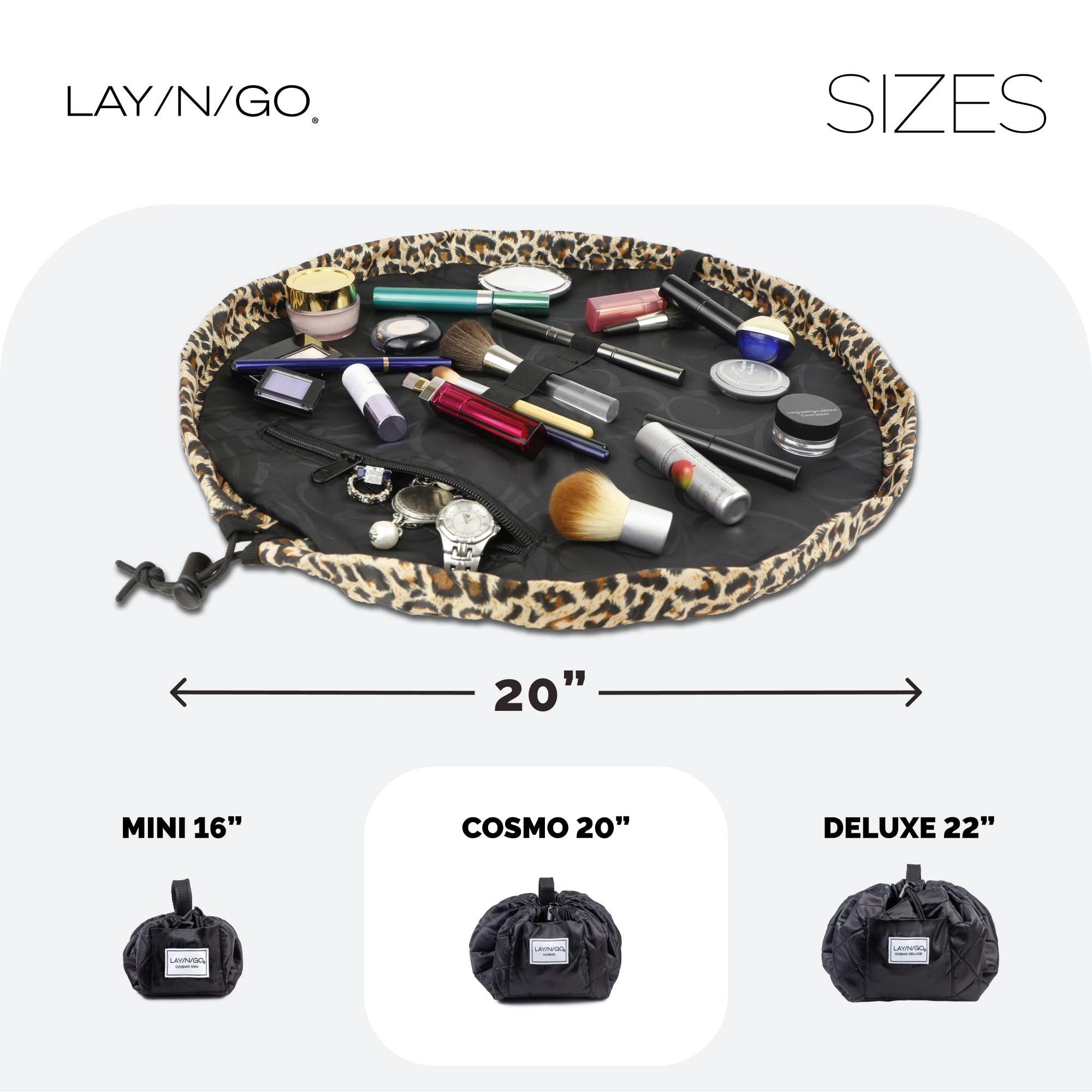 Lay-n-Go Cosmo Drawstring Cosmetic & Makeup Bag Organizer - Portable Drawstring Makeup Bag w/Zipper Pocket, Makeup Loops & More - Durable, Machine Washable Makeup Bag for Travel (20”, Leopard)