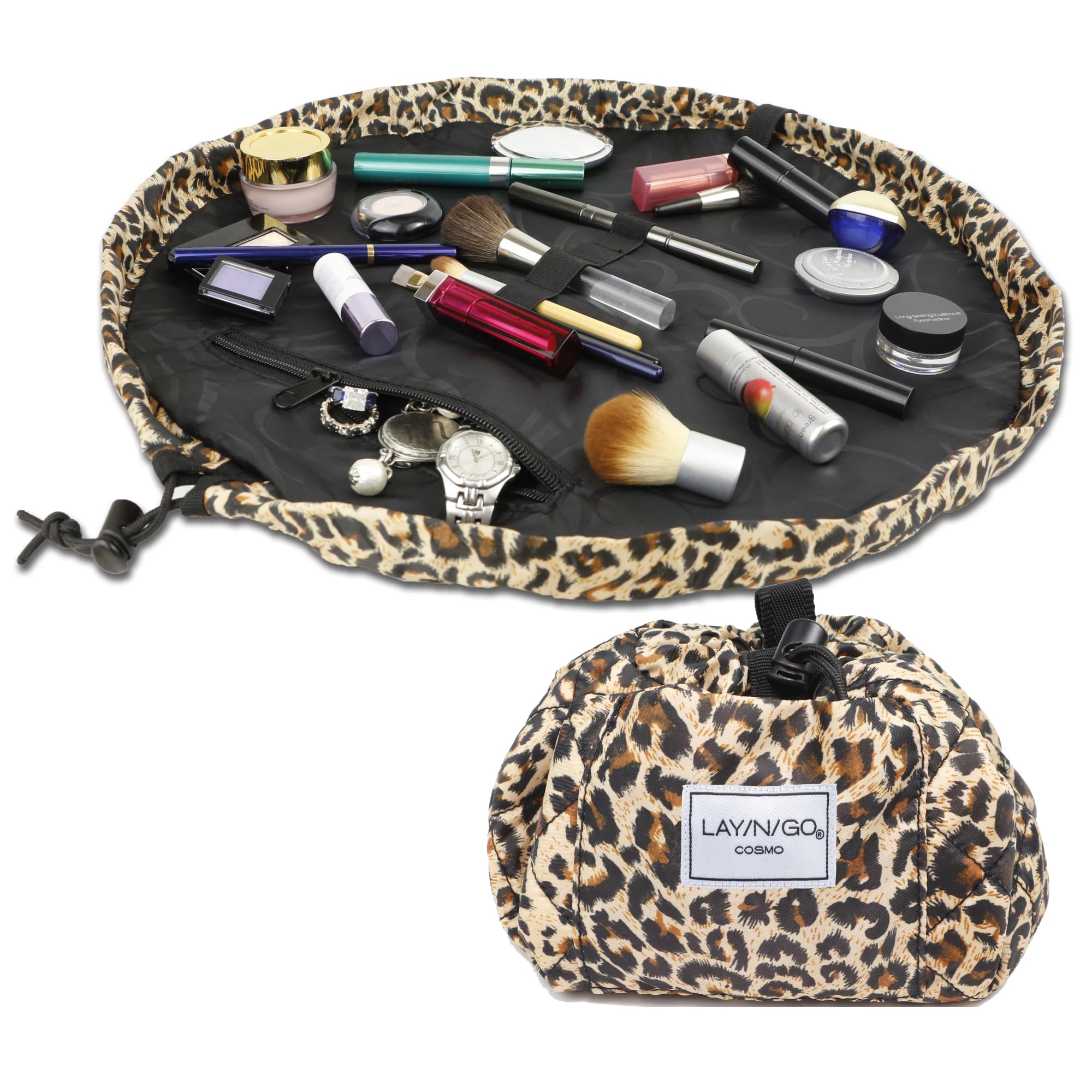 Lay-n-Go Cosmo Drawstring Cosmetic & Makeup Bag Organizer - Portable Drawstring Makeup Bag w/Zipper Pocket, Makeup Loops & More - Durable, Machine Washable Makeup Bag for Travel (20”, Leopard)