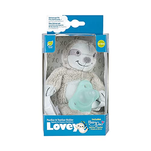 Dr. Brown's HappyPaci 100% Silicone Pacifier, Flexees Beaded Teether Rings, and Lovey Pacifier Holder & Teether Clip, Grey Sloth