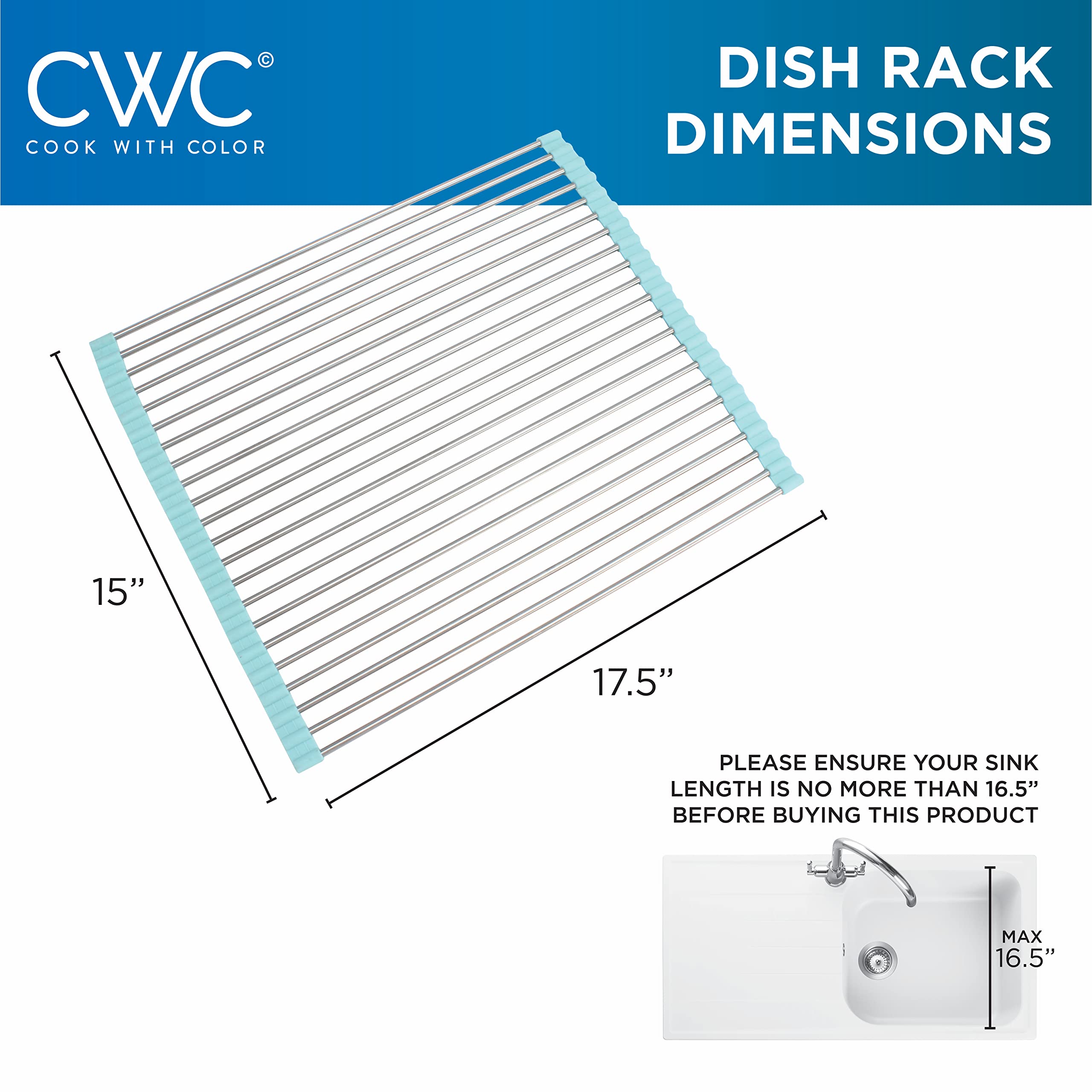 COOK WITH COLOR Roll Up Dish Rack- Over The Sink Mat for Drying Dishes - Silicone Wrapped Stainless Steel Rods (15" x 17.5") - Versatile Roll Up Trivet & Dish Drying Rack for Kitchen