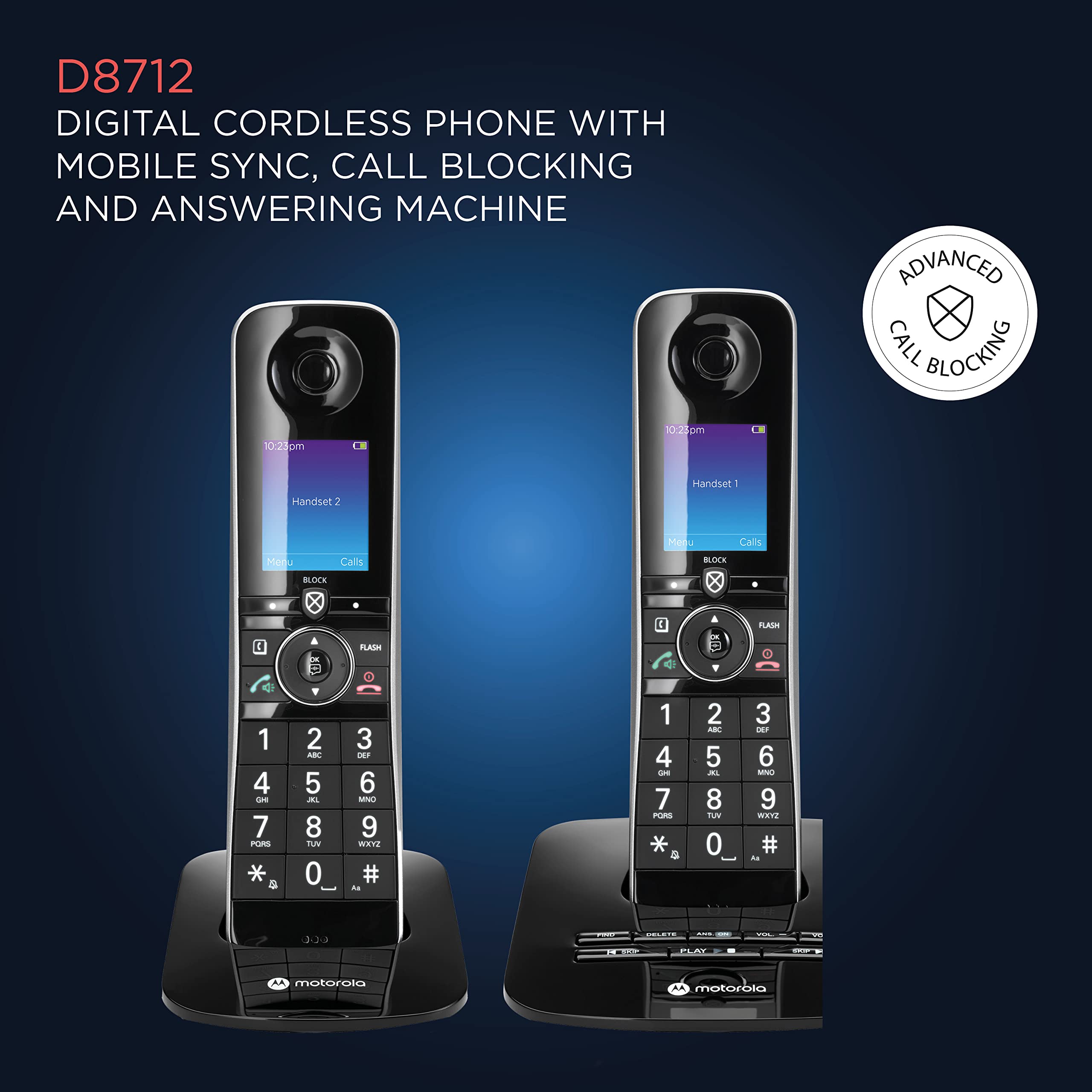 Motorola Voice D8712 Cordless Phone System w/2 Digital Handsets + Bluetooth to Cell, Answering Machine, Call Block - Black