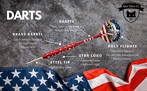 Steel Tip Darts Set - Professional Darts Steel Tip for Dartboard - Includes Brass Barrels + Plastic & Aluminum Shafts + Rubber O'Rings + Flights + Darts Sharpener + Wrench (22g- USA -STC10420)