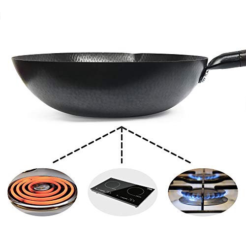 Souped Up Recipes Carbon Steel Wok For Electric, Induction and Gas Stoves (Lid, Spatula and User Guide Video Included)