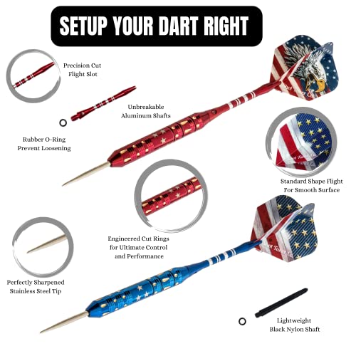 Steel Tip Darts Set - Professional Darts Steel Tip for Dartboard - Includes Brass Barrels + Plastic & Aluminum Shafts + Rubber O'Rings + Flights + Darts Sharpener + Wrench (22g- USA -STC10420)
