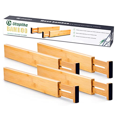 Utoplike 4 pcs Bamboo Kitchen Drawer Dividers(16.8-21.8IN),Adjustable Drawer Organizers,Spring Loaded,Works in Kitchen,Dresser,Bathroom,Bedroom,Drawer,Desk