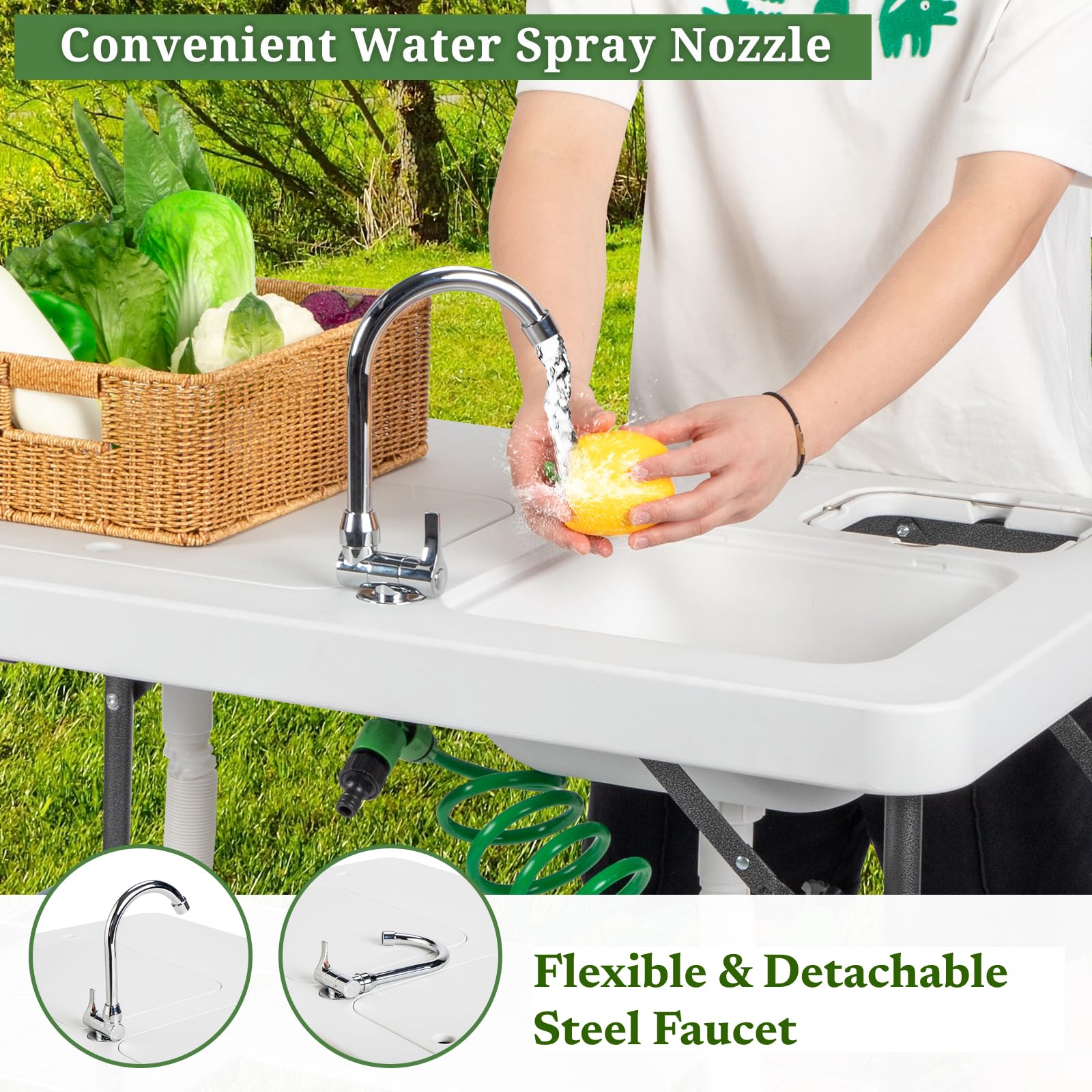 VINGLI Folding Fish Cleaning Table with 2 Sink, Outdoor Portable Camping Table with Grid Rack & Sprayer, Cutting Table with Drainage Hose Stainless Steel Faucet for Patio Backyard BBQ