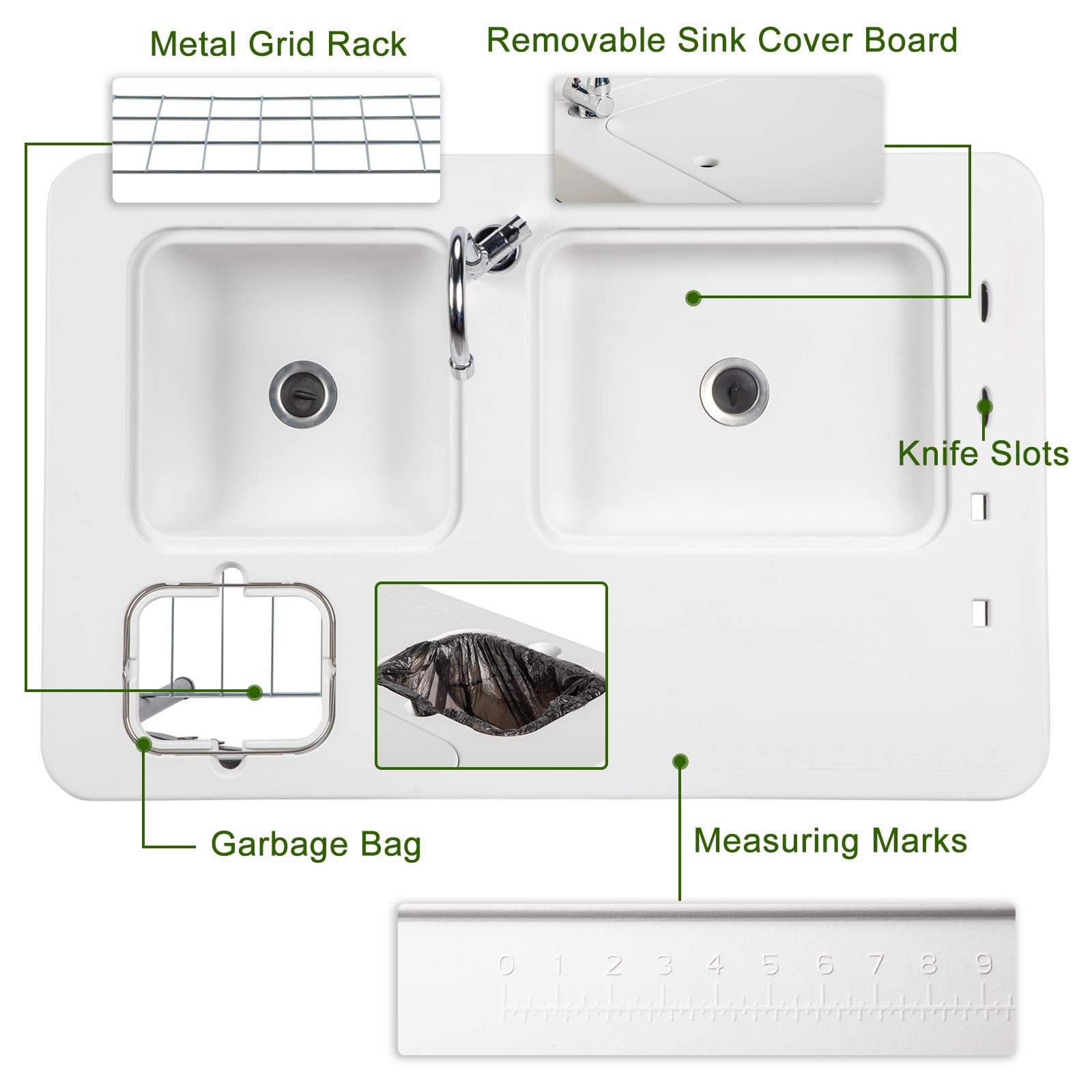 VINGLI Folding Fish Cleaning Table with 2 Sink, Outdoor Portable Camping Table with Grid Rack & Sprayer, Cutting Table with Drainage Hose Stainless Steel Faucet for Patio Backyard BBQ