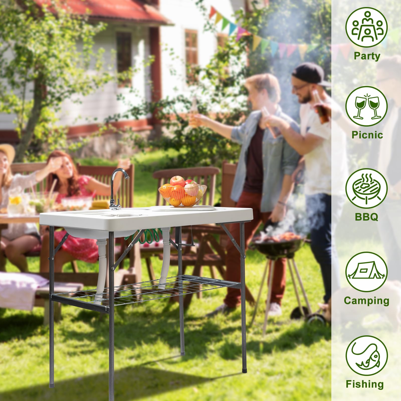 VINGLI Folding Fish Cleaning Table with 2 Sink, Outdoor Portable Camping Table with Grid Rack & Sprayer, Cutting Table with Drainage Hose Stainless Steel Faucet for Patio Backyard BBQ