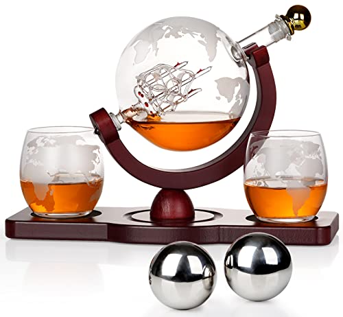 Gifts for Men Dad, Whiskey Decanter Globe Set with 2 Ball Stones & 2 Glasses, Anniversary Birthday Gifts for Him Husband, Unique Christmas Gift for Bourbon Scotch Liquor Vodka, Cool Stuff
