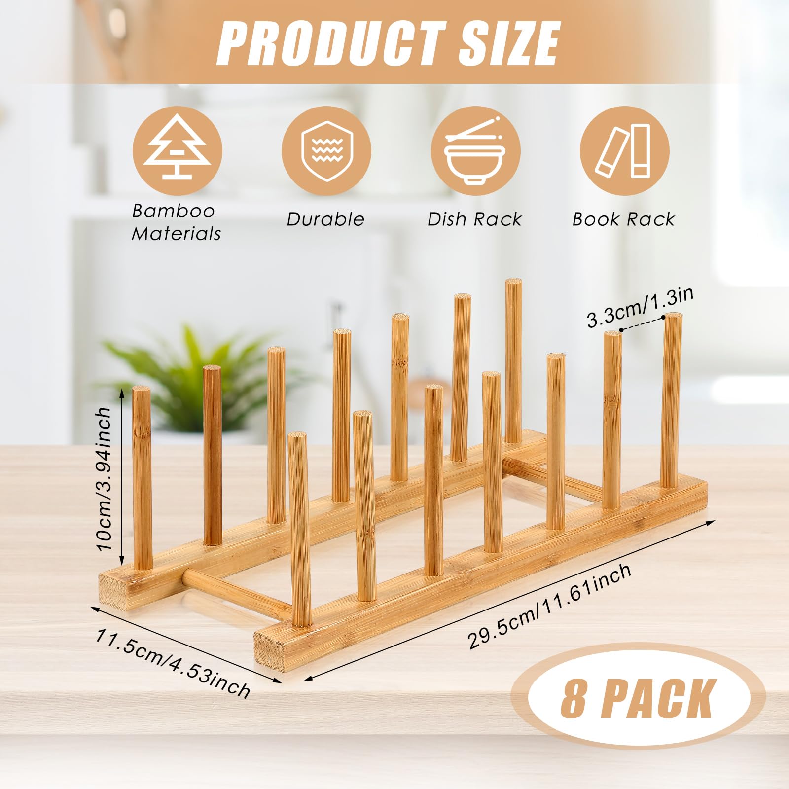 Yinkin 8 Pcs Bamboo Wooden Dish Rack Bowl Cup Cutting Board Drying Rack Plate Organizer Classroom Book Organize Pot Lid Holder Stand for Kitchen Cabinet Storage Organizer