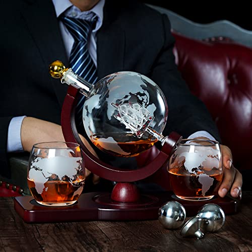 Gifts for Men Dad, Whiskey Decanter Globe Set with 2 Ball Stones & 2 Glasses, Anniversary Birthday Gifts for Him Husband, Unique Christmas Gift for Bourbon Scotch Liquor Vodka, Cool Stuff