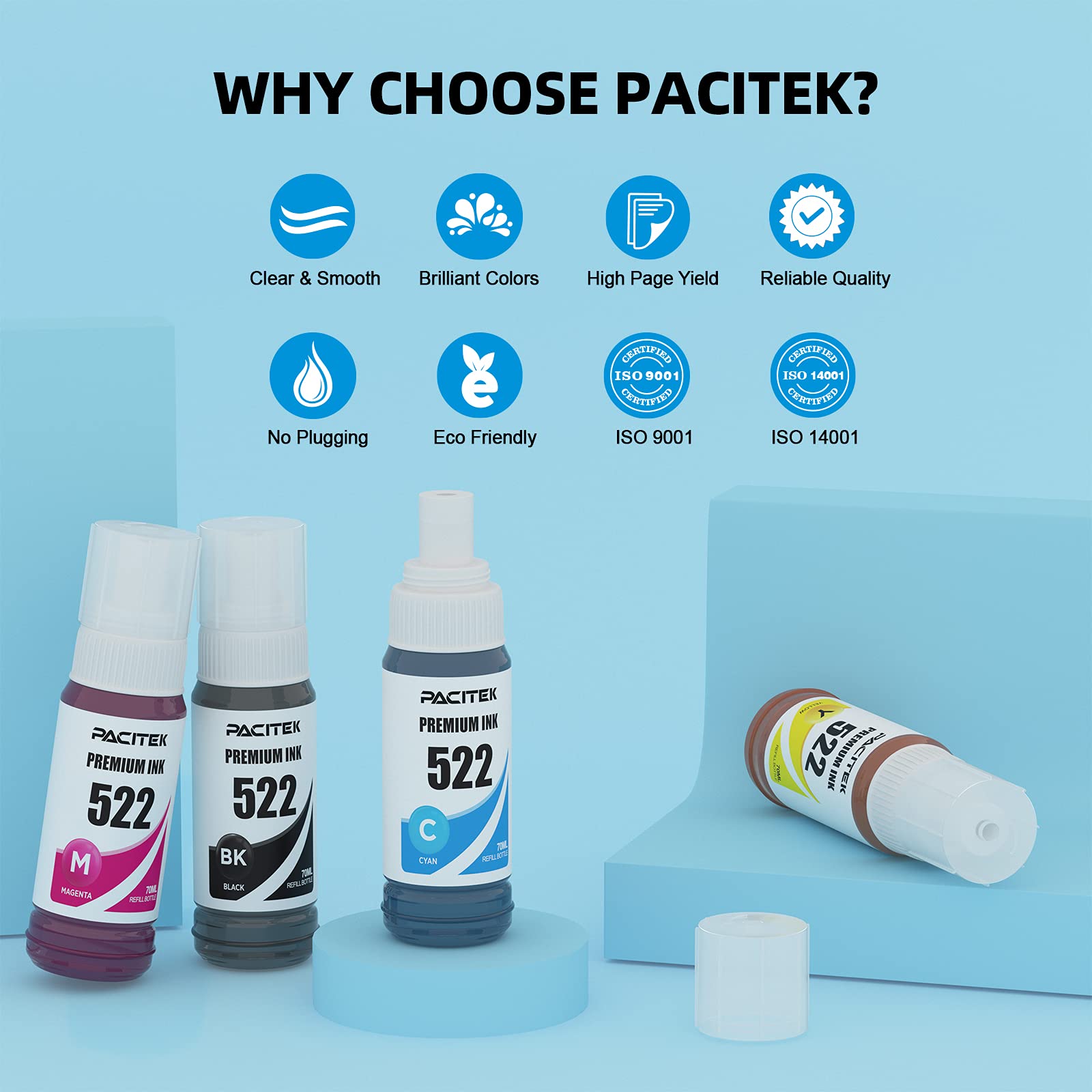 PACITEK Compatible Refill Ink Bottle Replacement for 522 T522 T522120 Use with EcoTank ET-2720 ET-2710 ET-4700 Printer (2Black, 1Cyan, 1Magenta, 1Yellow)