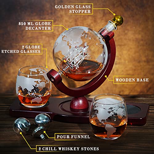 Gifts for Men Dad, Whiskey Decanter Globe Set with 2 Ball Stones & 2 Glasses, Anniversary Birthday Gifts for Him Husband, Unique Christmas Gift for Bourbon Scotch Liquor Vodka, Cool Stuff