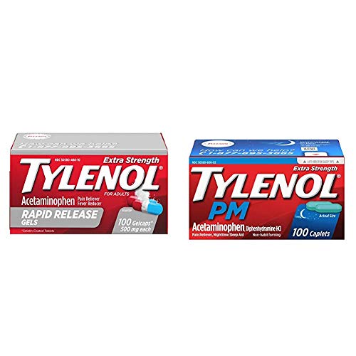 Tylenol Extra Strength Rapid Release Gels with Acetaminophen, Pain Reliever & Fever Reducer, 100 ct with Extra Strength Pain Reliever & Sleep Aid Caplets with 500 mg of Acetaminophen, 100 ct